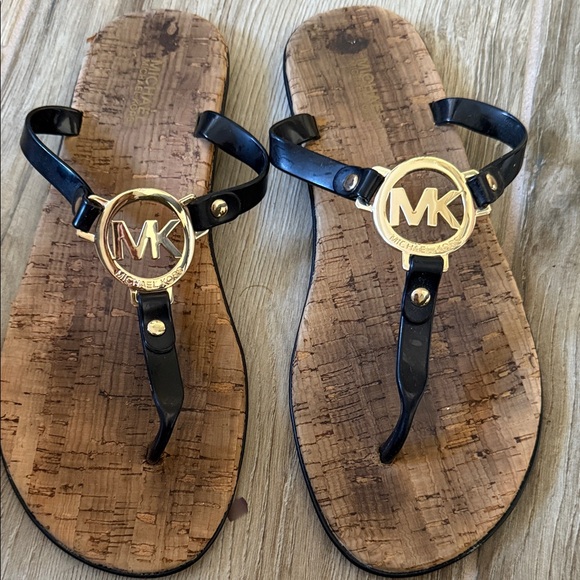 Michael Kors | Shoes | Michael Kors Black And Gold Logo Sandals Super ...